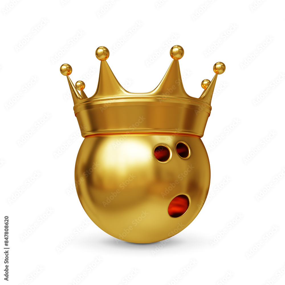 Gold bowling ball wearing gold crown isolated on white background. 3d ...