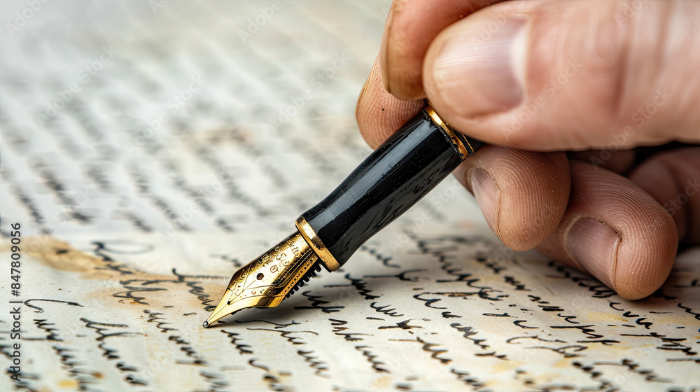 Fountain pen on an antique handwritten letter. Vintage nib pen and ...