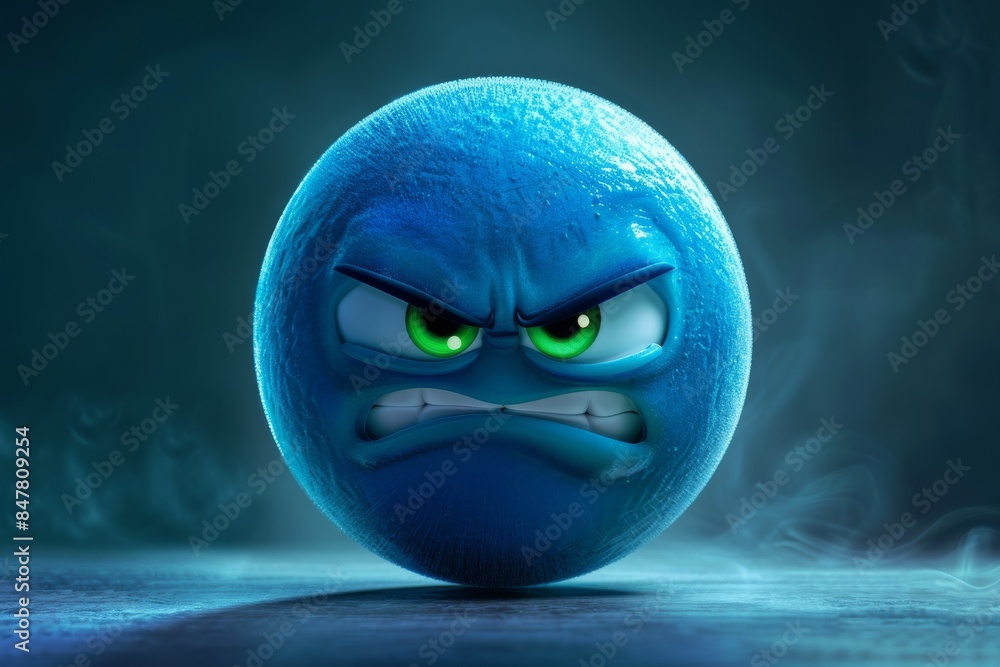 Blue angry emoji character with green eyes, intense expression, and ...