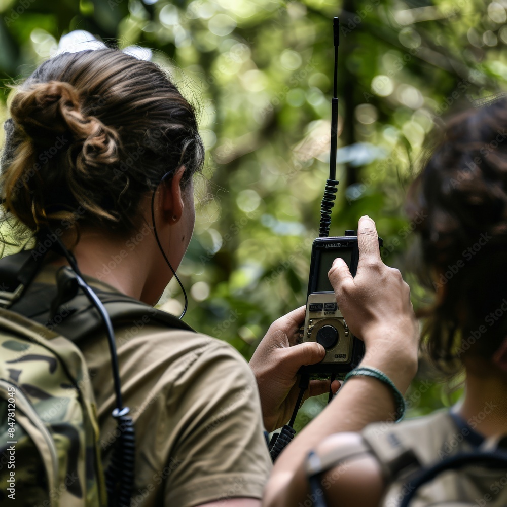 Volunteers using a two-way radio to communicate over a distance. Job ID ...