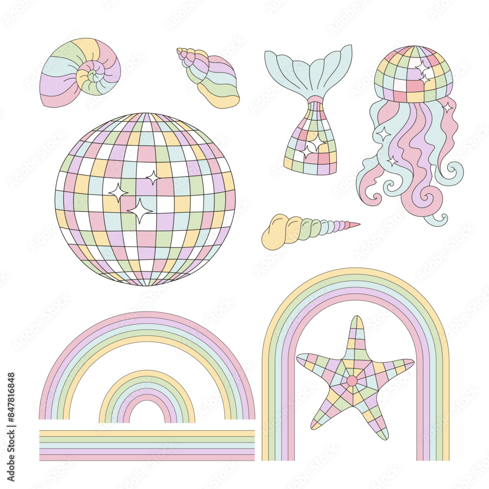 Rainbow Ocean Disco elements vector clip-art set isolated on white. Disco ball Mermaid tail ...