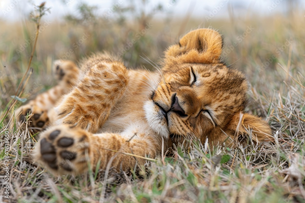 Baby Lion: A playful lion cub with big paws and a tufted tail, lying on ...