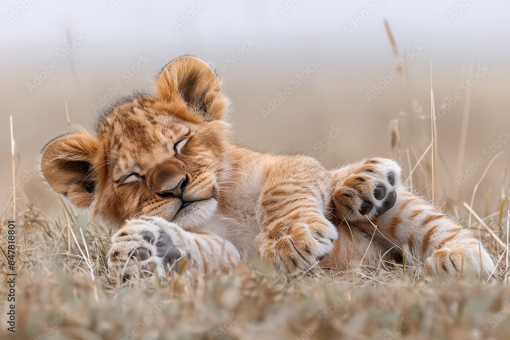 Baby Lion: A playful lion cub with big paws and a tufted tail, lying on ...