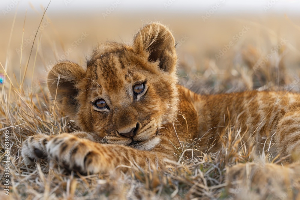 Baby Lion: A playful lion cub with big paws and a tufted tail, lying on ...