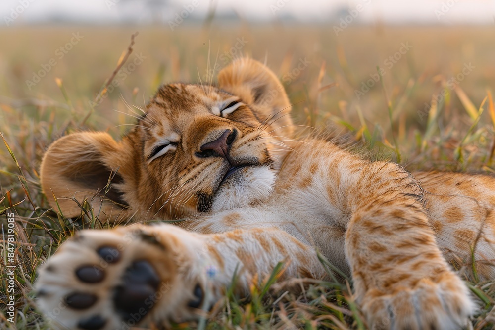 Baby Lion: A playful lion cub with big paws and a tufted tail, lying on ...