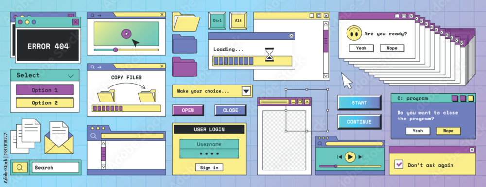 Retro computer interface, digital screen with open software windows ...