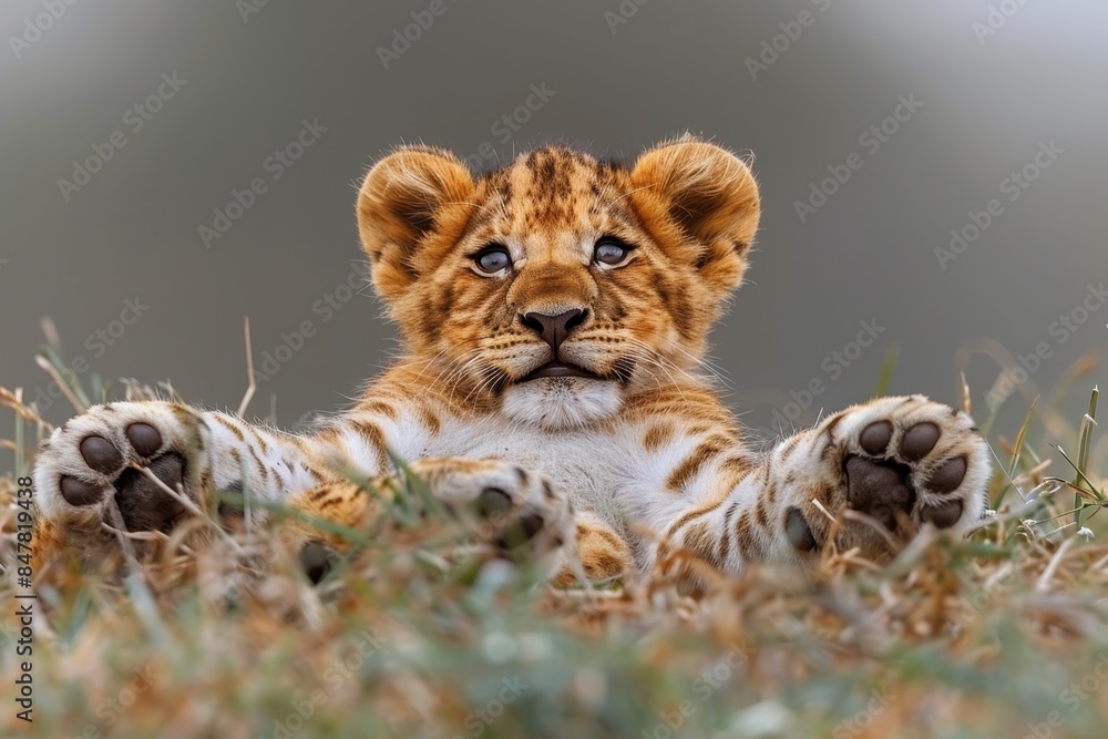 Baby Lion: A playful lion cub with big paws and a tufted tail, lying on ...