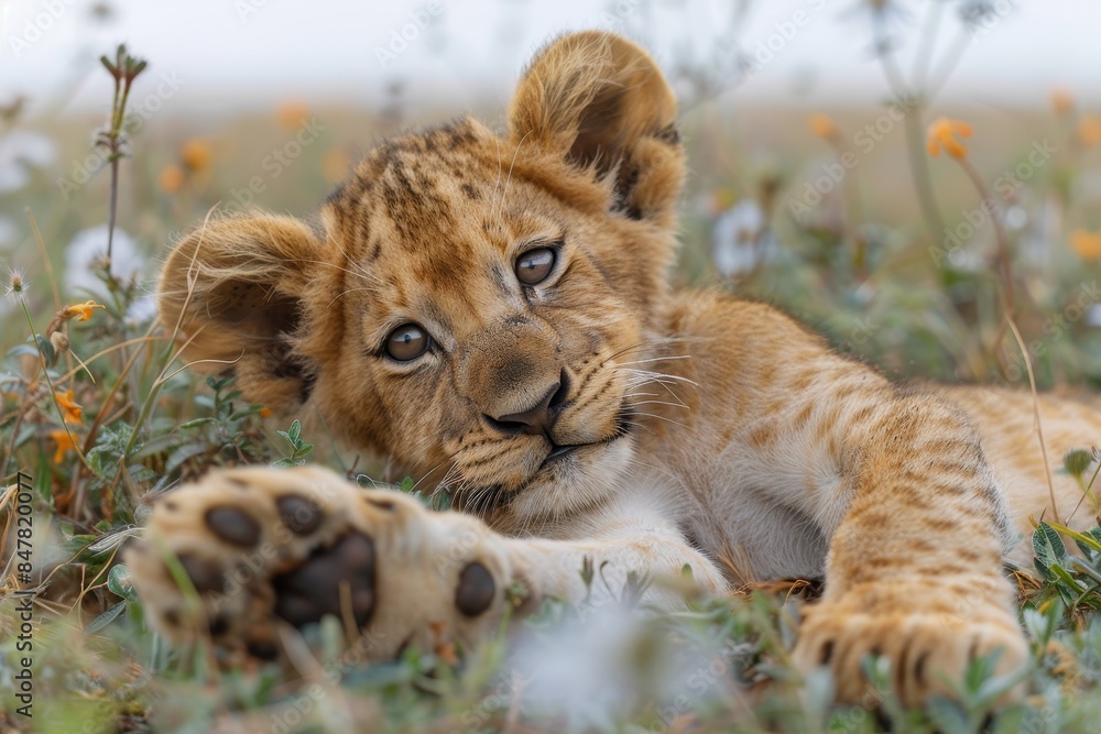 Baby Lion: A playful lion cub with big paws and a tufted tail, lying on ...