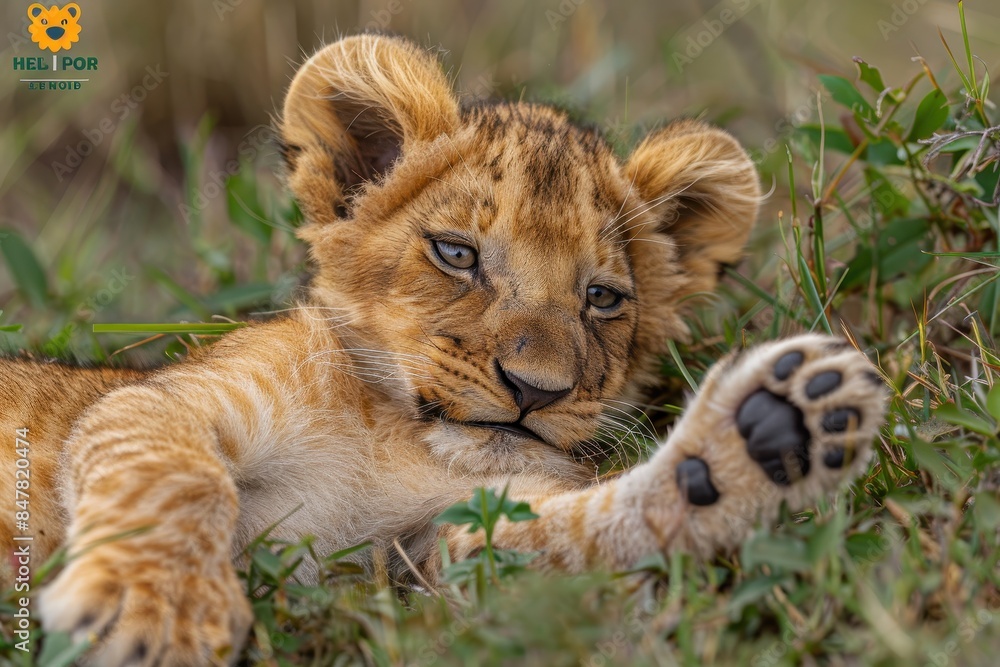 Baby Lion: A playful lion cub with big paws and a tufted tail, lying on ...