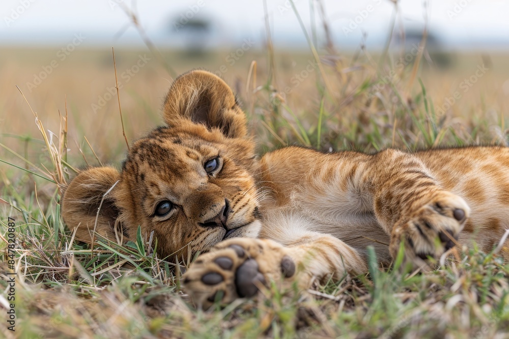 Baby Lion: A playful lion cub with big paws and a tufted tail, lying on ...