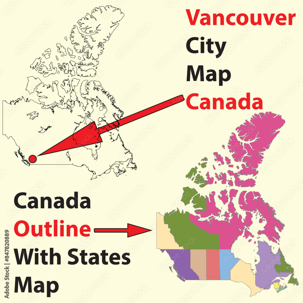 Vancouver map vector of Canada, Vancouver line map, Vancouver with city ...