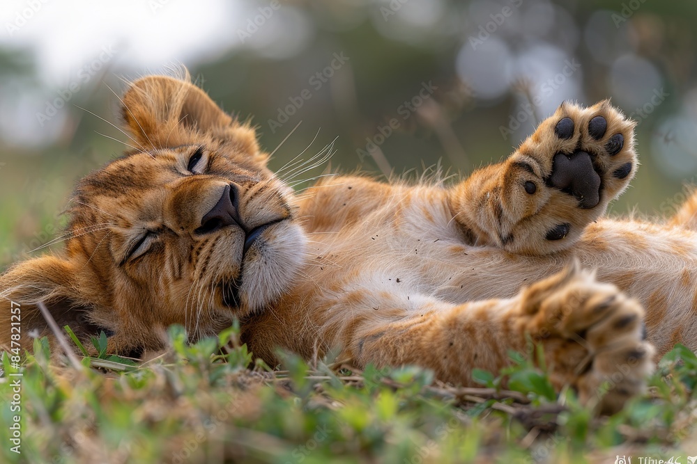 Baby Lion: A playful lion cub with big paws and a tufted tail, lying on ...