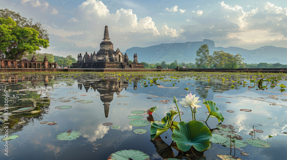 Ancient Wat Mahatat temple with lotus pond and mountains in Sukhothai ...