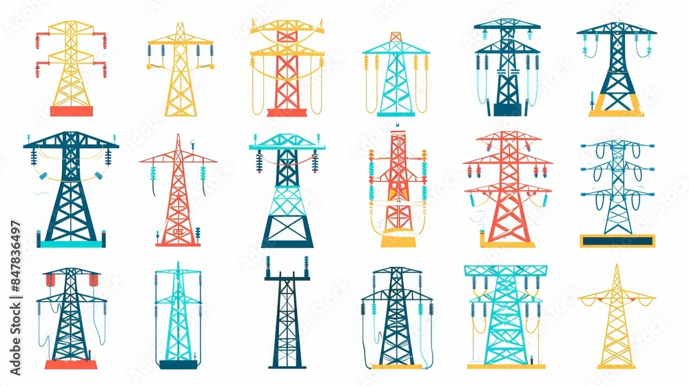 A set of vector icons representing electricity towers, including ...