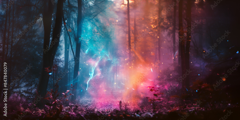 Colorful magical dark forest with colorful smoke, mist and fog, a ...