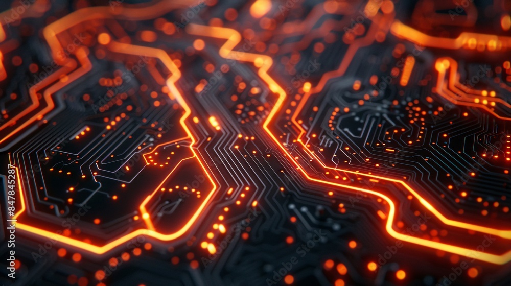 Close-up of a glowing orange circuit board with intricate electronic ...