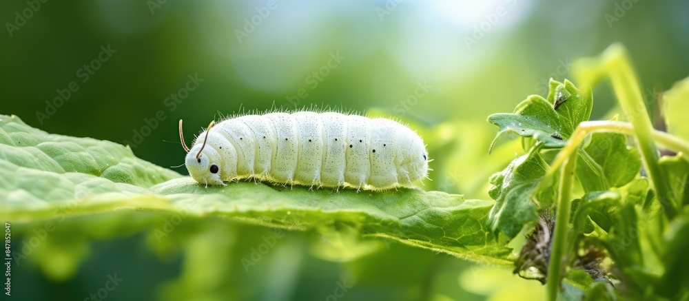 Macro detail of larva of Cabbage White butterfly Pieris rapae in nature ...