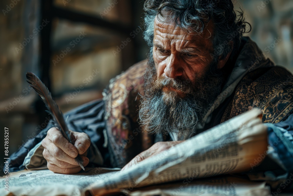 Apostle Paul writing in parchment scroll inspired by the Holy Spirit ...