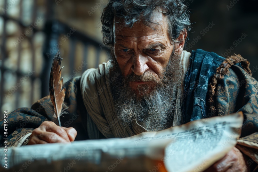 Apostle Paul writing in parchment scroll inspired by the Holy Spirit ...