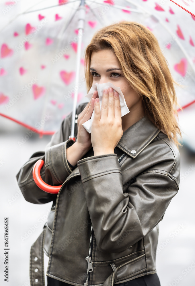 Sneezing Woman with Umbrella over Autumn Rain Background. Sick Woman ...