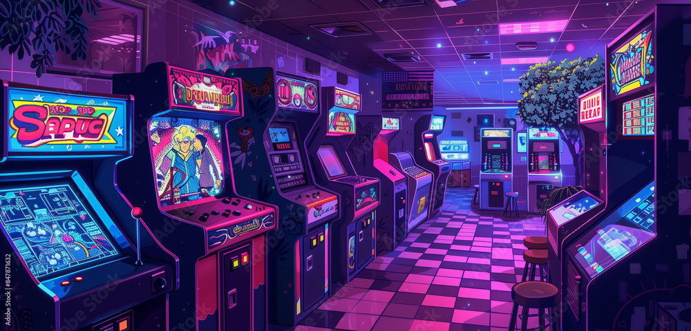 Pixel art of a retro arcade room, filled with classic arcade machines ...