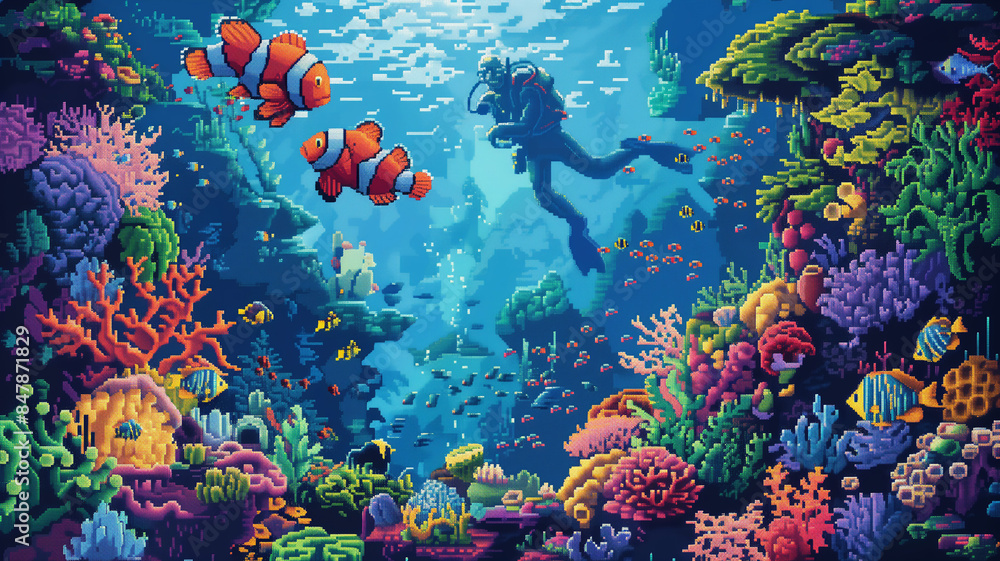 Pixel art of an underwater scene, featuring a diver exploring a vibrant ...