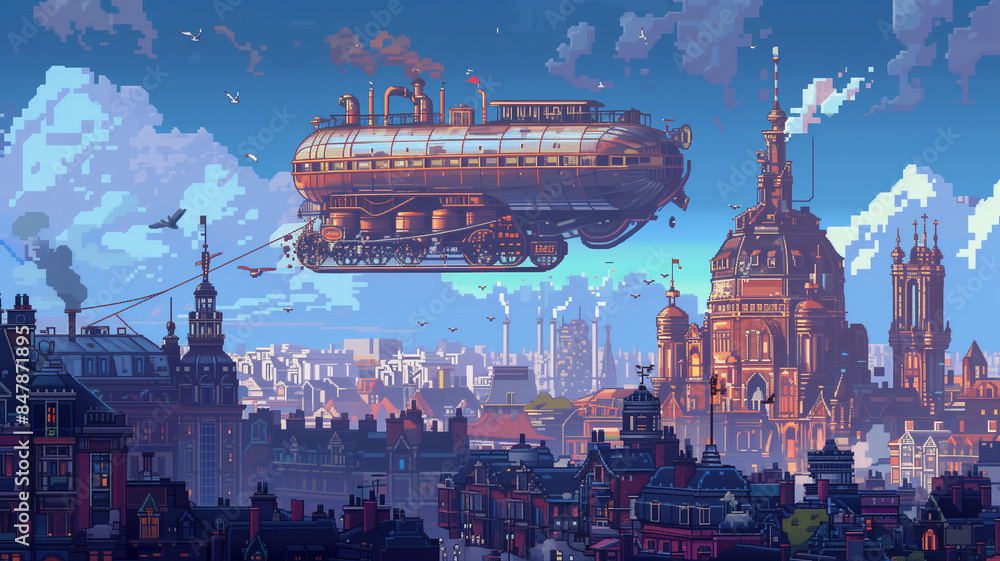Pixel art of a steampunk airship flying over a city with Victorian-era ...