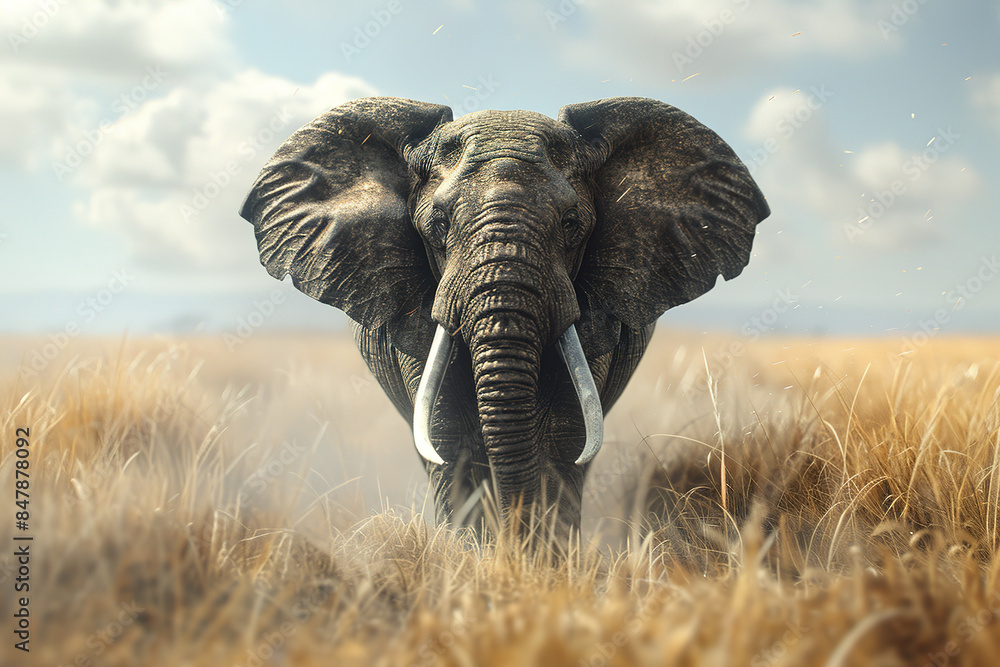 A majestic African elephant with long tusks stands tall in a golden ...