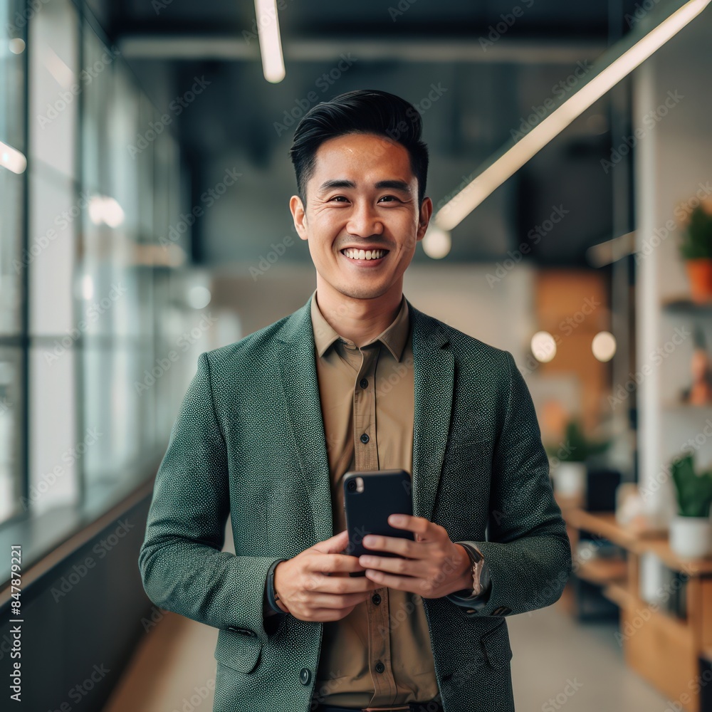 happy asian man, dressing in smart casual outfit, holding an iphone in ...