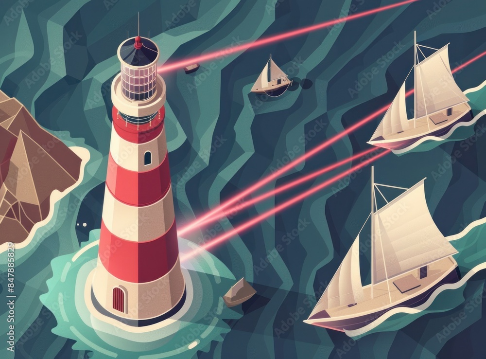 Lighthouse guiding sailboat across vast ocean with red laser beam ...
