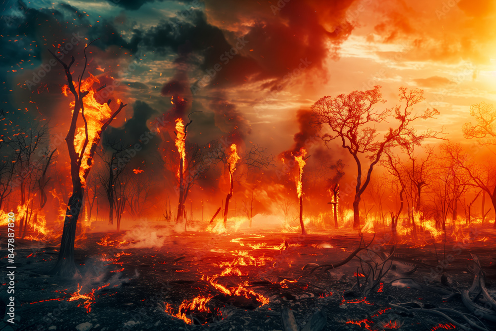 Barren landscape with scorched earth and wilting crops, representing ...