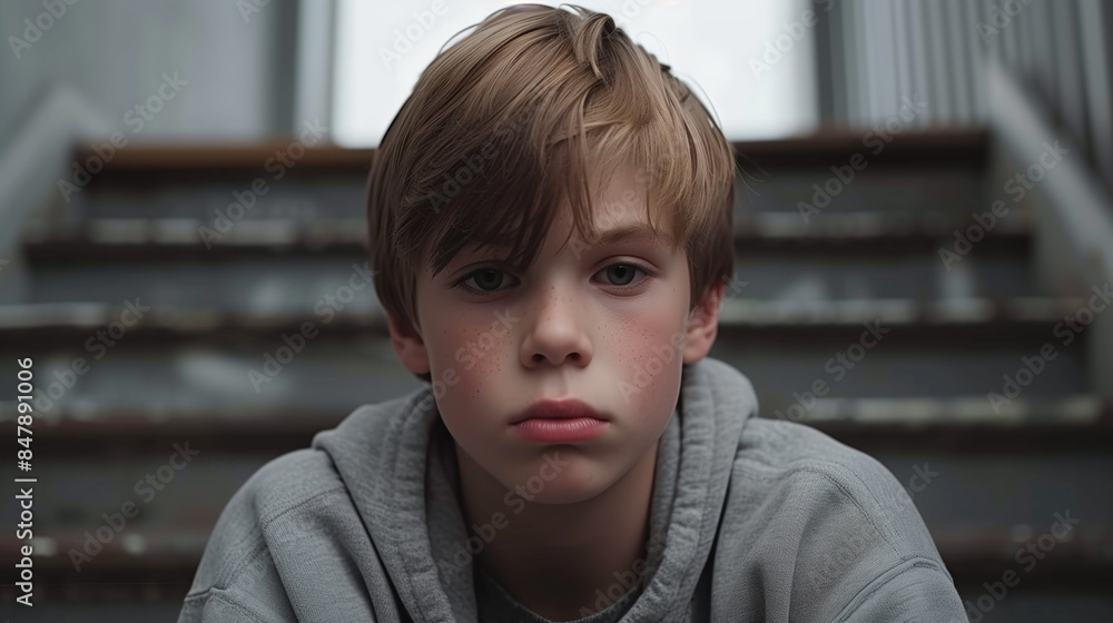 Somber teenager on staircase. A young boy looks forlorn while sitting ...