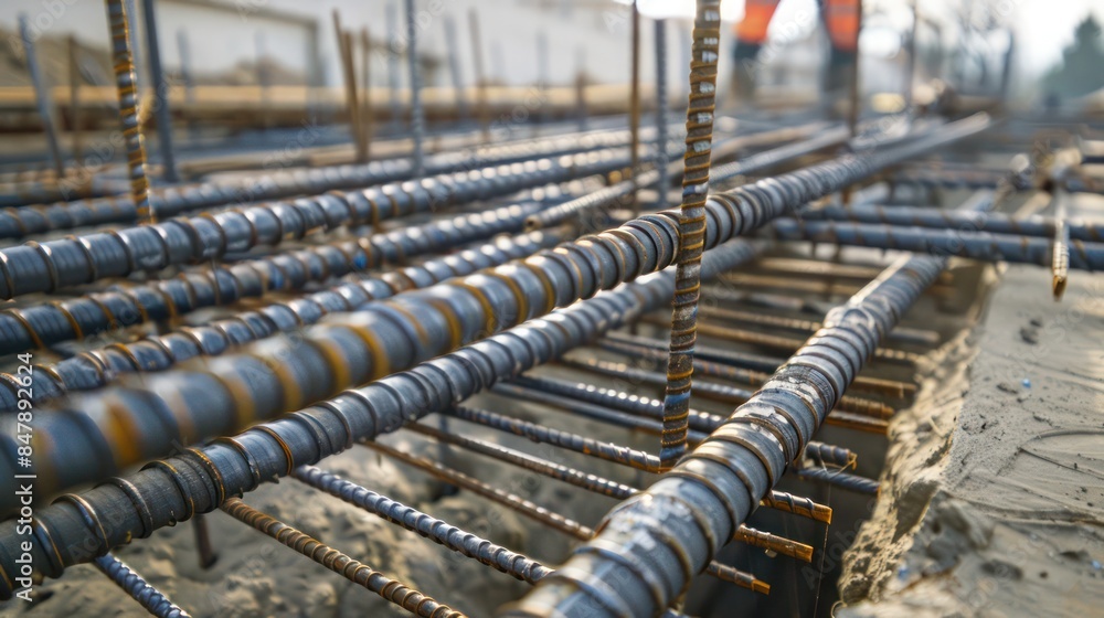 detailed view of steel reinforcement bars being installed for a ...