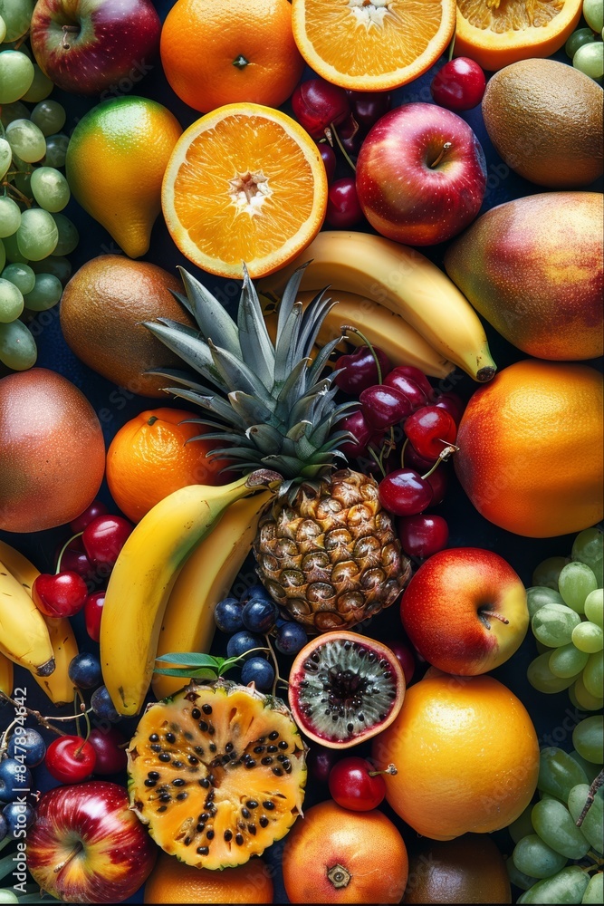 Fruit, fruit color background, pineapple and apple fruits, banana and ...