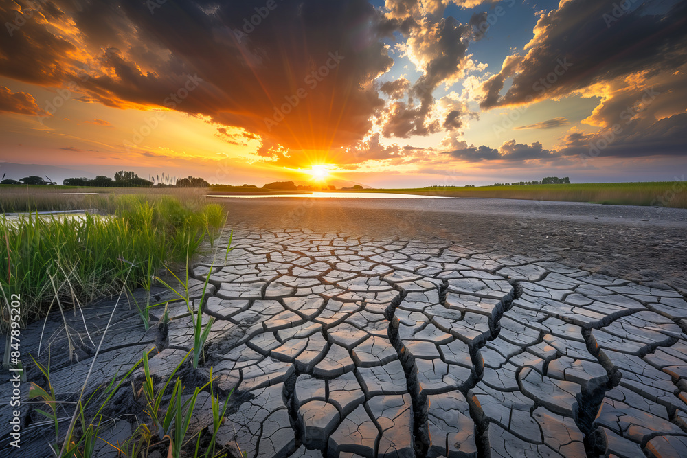 Severe drought gripping a parched landscape, with cracked earth ...