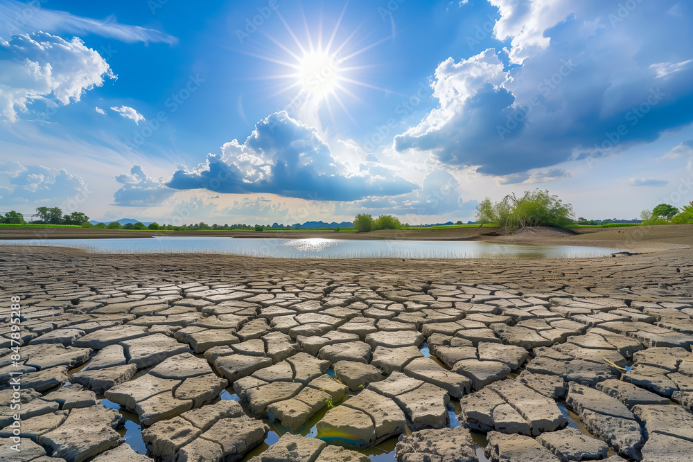 Severe drought gripping a parched landscape, with cracked earth ...