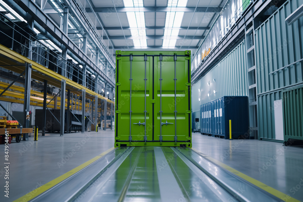 a modern industrial warehouse with a bright green shipping container on a track under bright ...