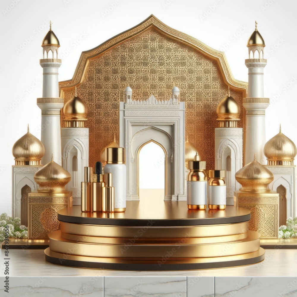 Realistic Islamic product display podium with mosque gate and golden ...