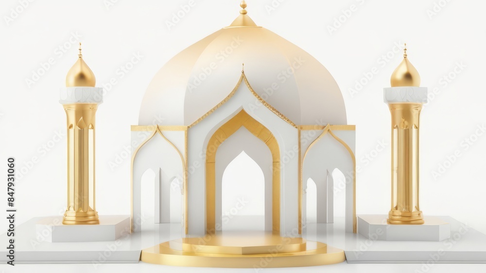 Realistic Islamic product display podium with mosque gate and golden ...