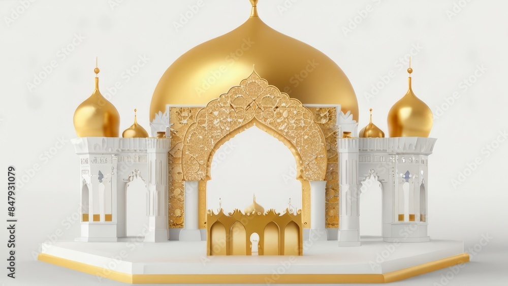 Realistic Islamic product display podium with mosque gate and golden ...