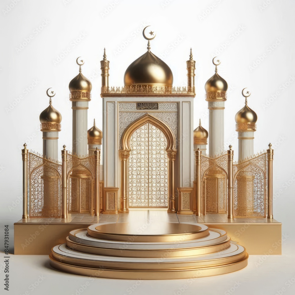 Realistic Islamic product display podium with mosque gate and golden ...