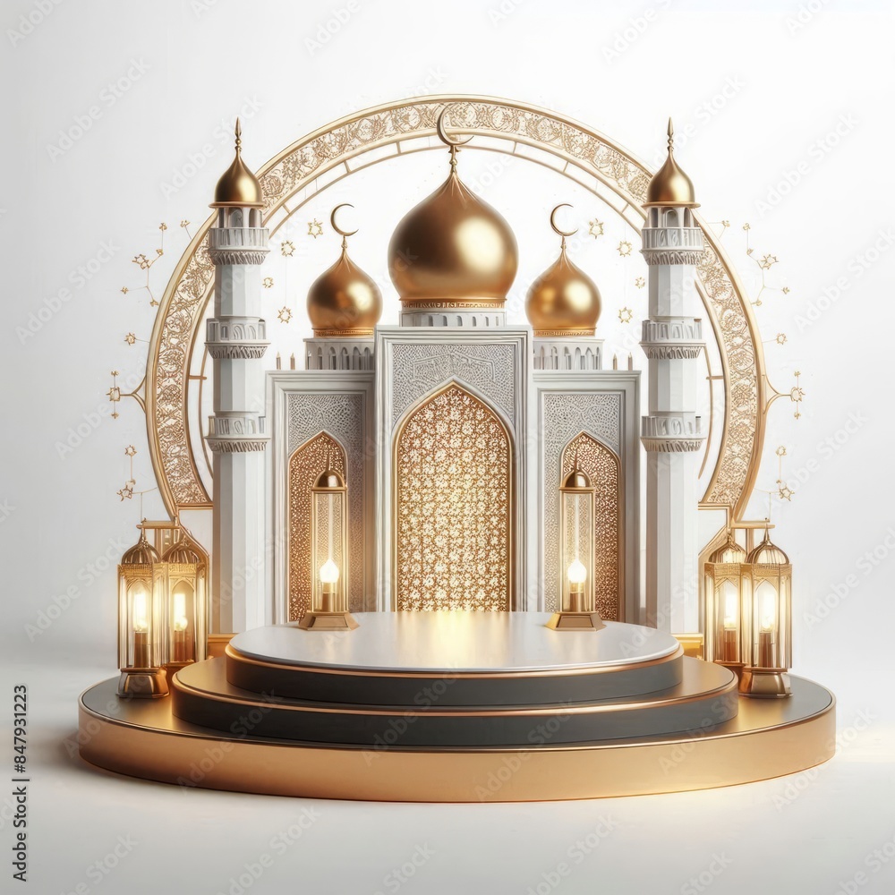 Realistic Islamic product display podium with mosque gate and golden ...