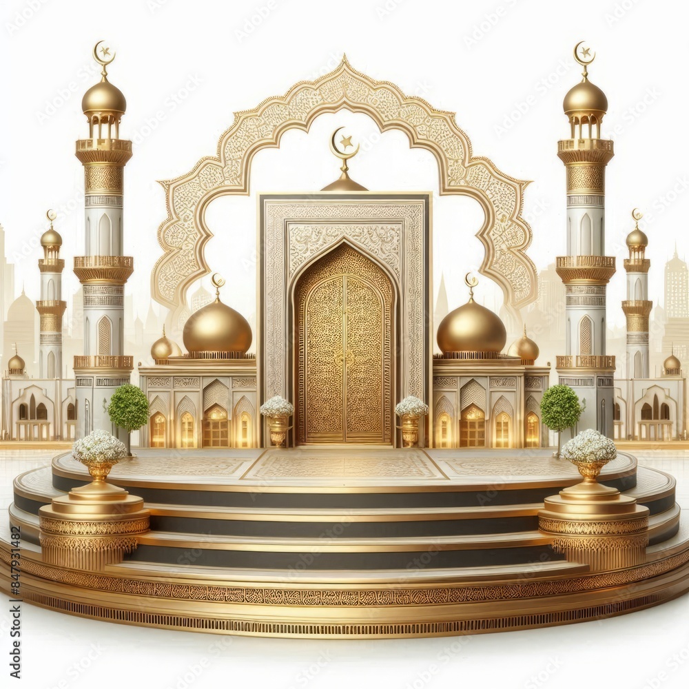 Realistic Islamic product display podium with mosque gate and golden ...