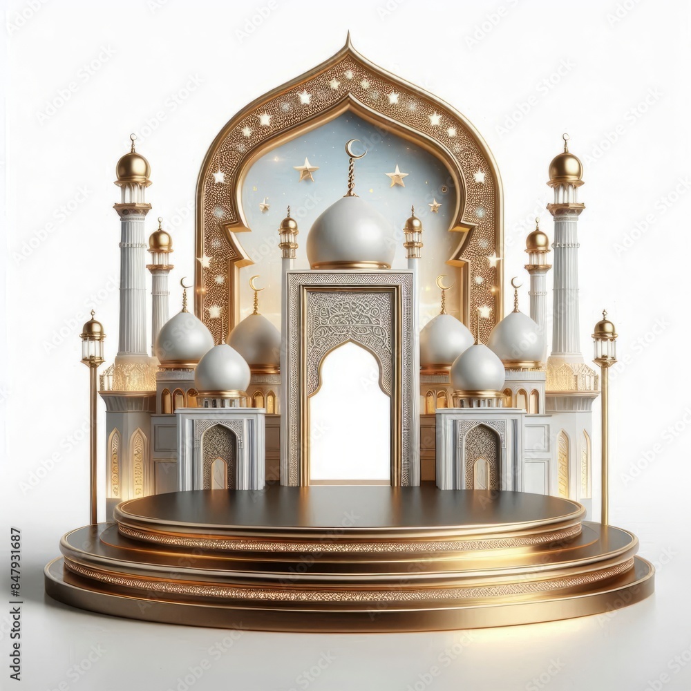 Realistic Islamic product display podium with mosque gate and golden ...