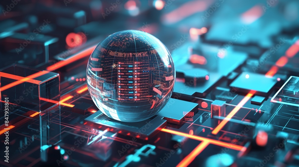 An abstract digital sphere surrounded by firewalls and digital barriers ...