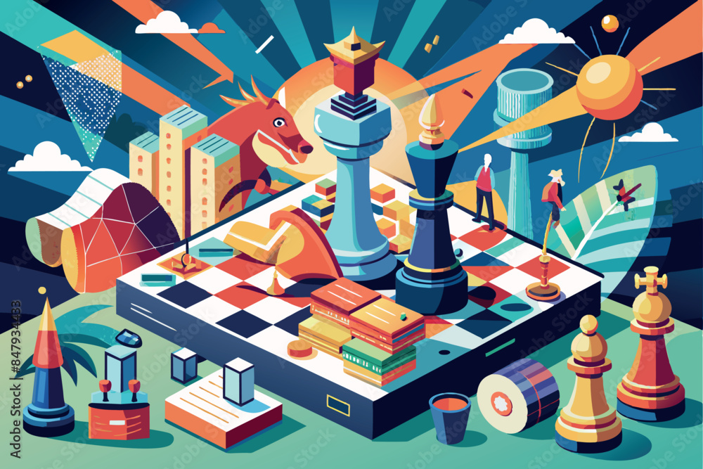 Stylized chess pieces, including king, queen, knight and pawn, on a ...