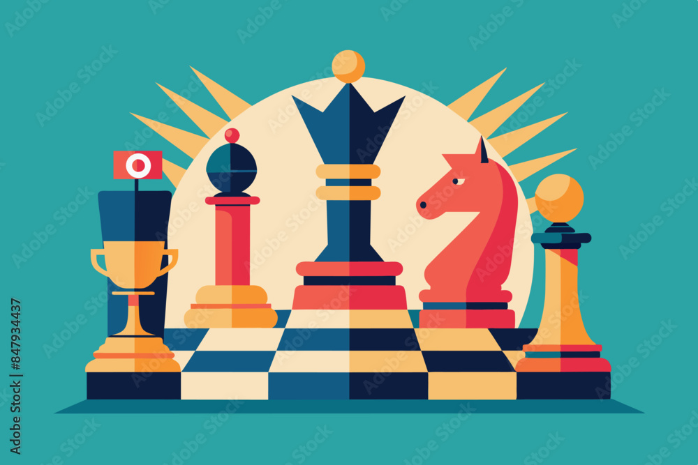 Stylized chess pieces, including king, queen, knight and pawn, on a ...