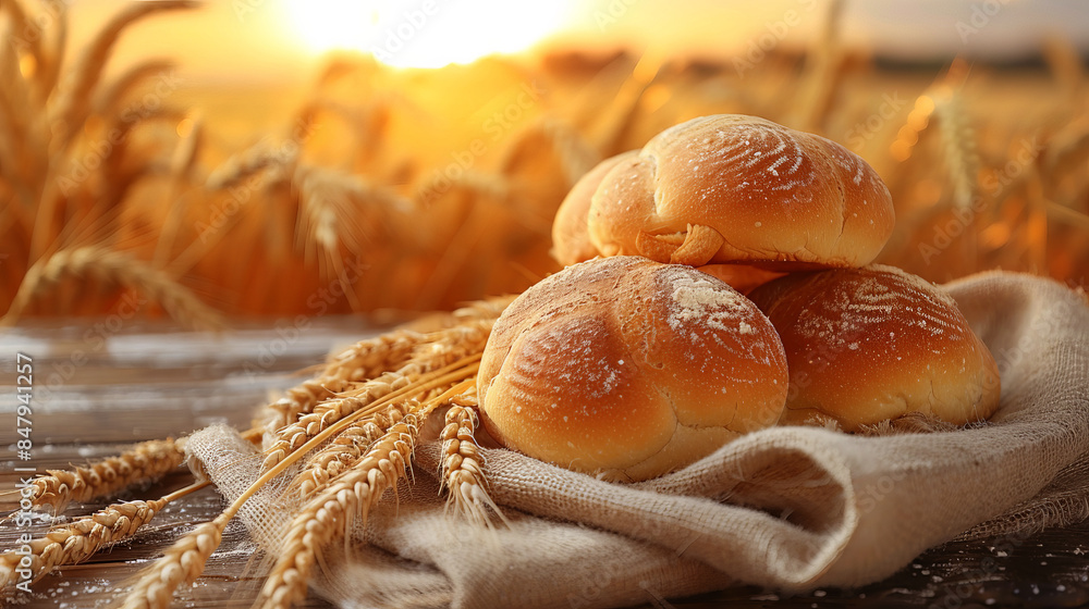 Freshly baked loaf of bread is displayed on rustic surface with ...