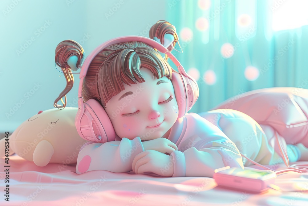 3d kawaii style about chibi little girl lay down on the bed listen the ...