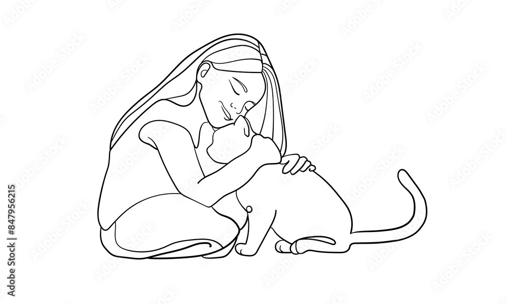 Girl hugs cat and enjoys continuous line art drawing isolated on white ...
